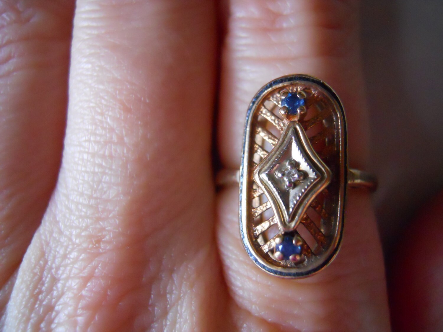 10kt Gold Art Deco Ring With Blue Sapphires and Diamond and Enamel Work ...