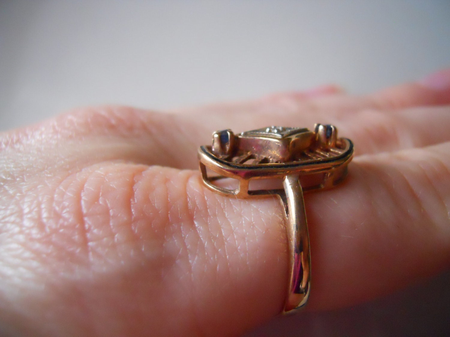 10kt Gold Art Deco Ring With Blue Sapphires and Diamond and Enamel Work ...