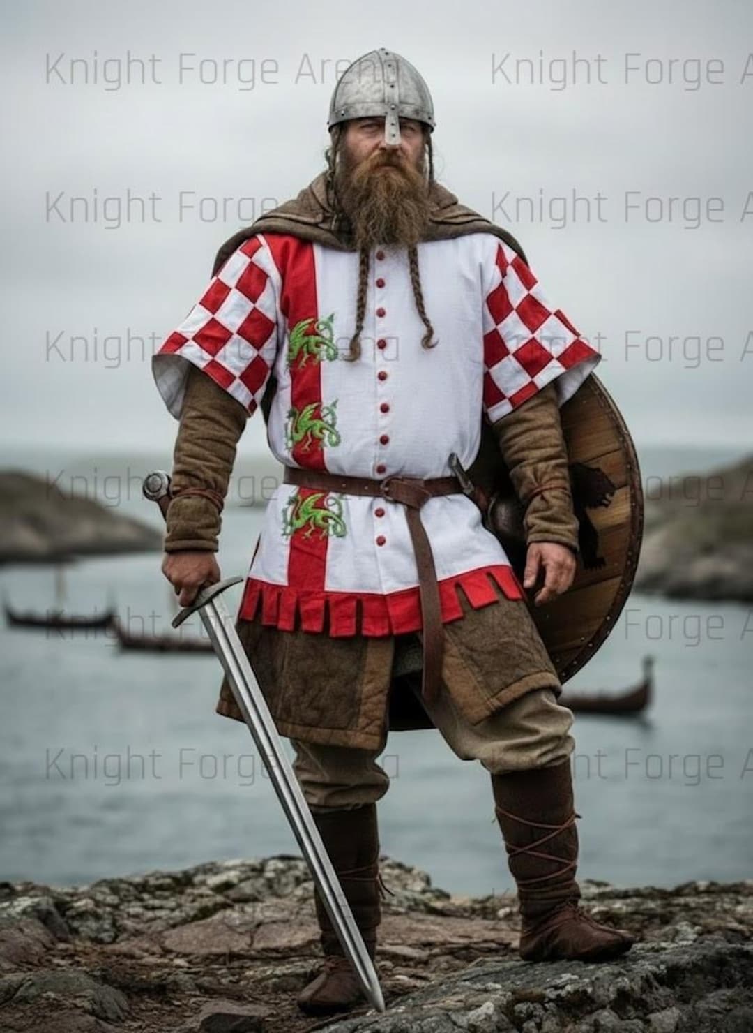 Embroidered Dragon Knight Jupon Surcoat – Red White Checkered Linen ...