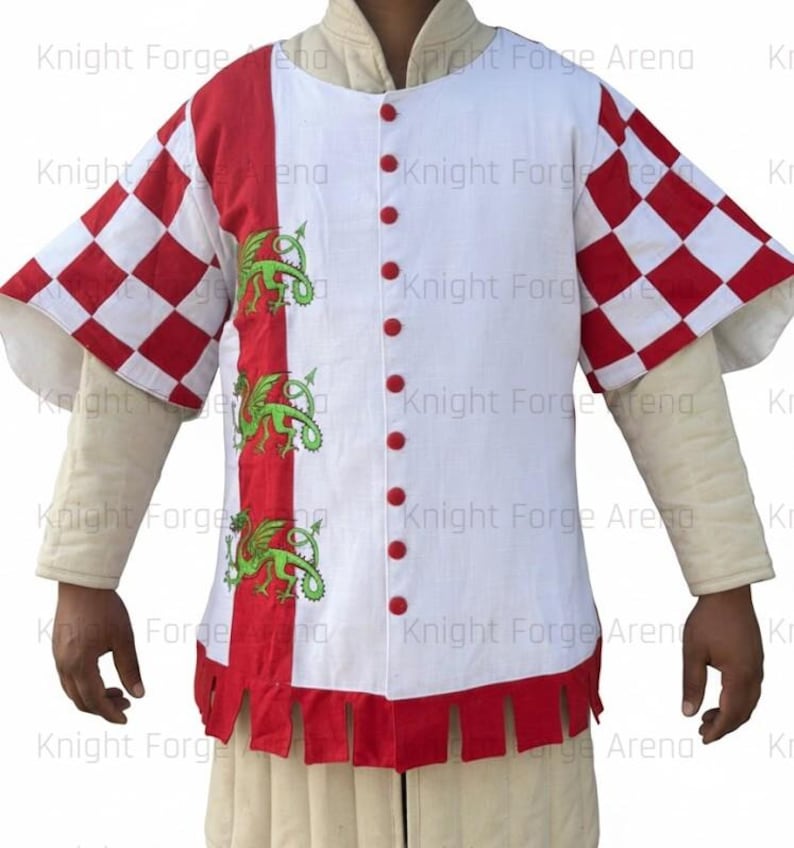 Embroidered Dragon Knight Jupon Surcoat – Red White Checkered Linen ...