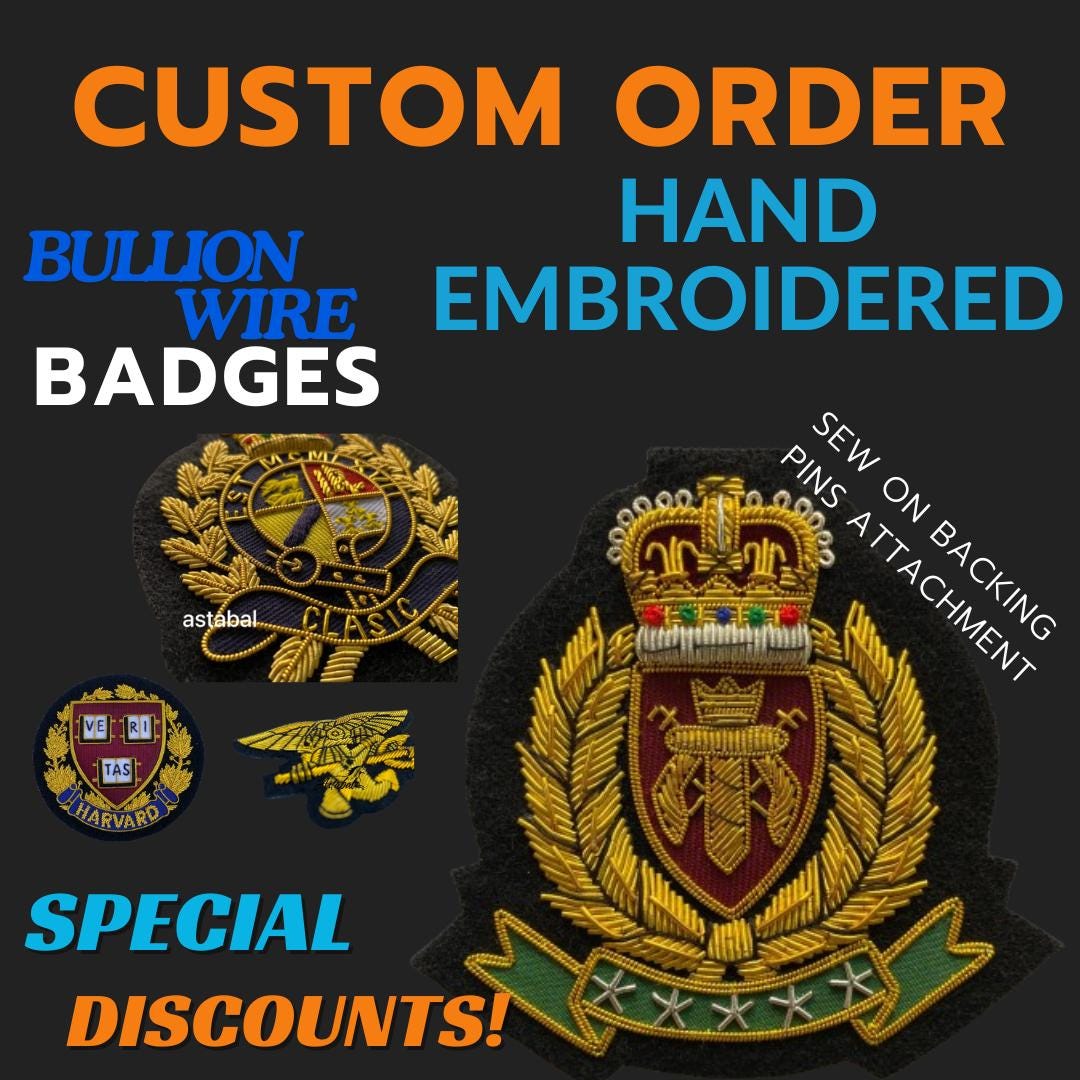 Custom Hand-embroidered Bullion Wire Blazer Badge: Sew-on or Pin ...