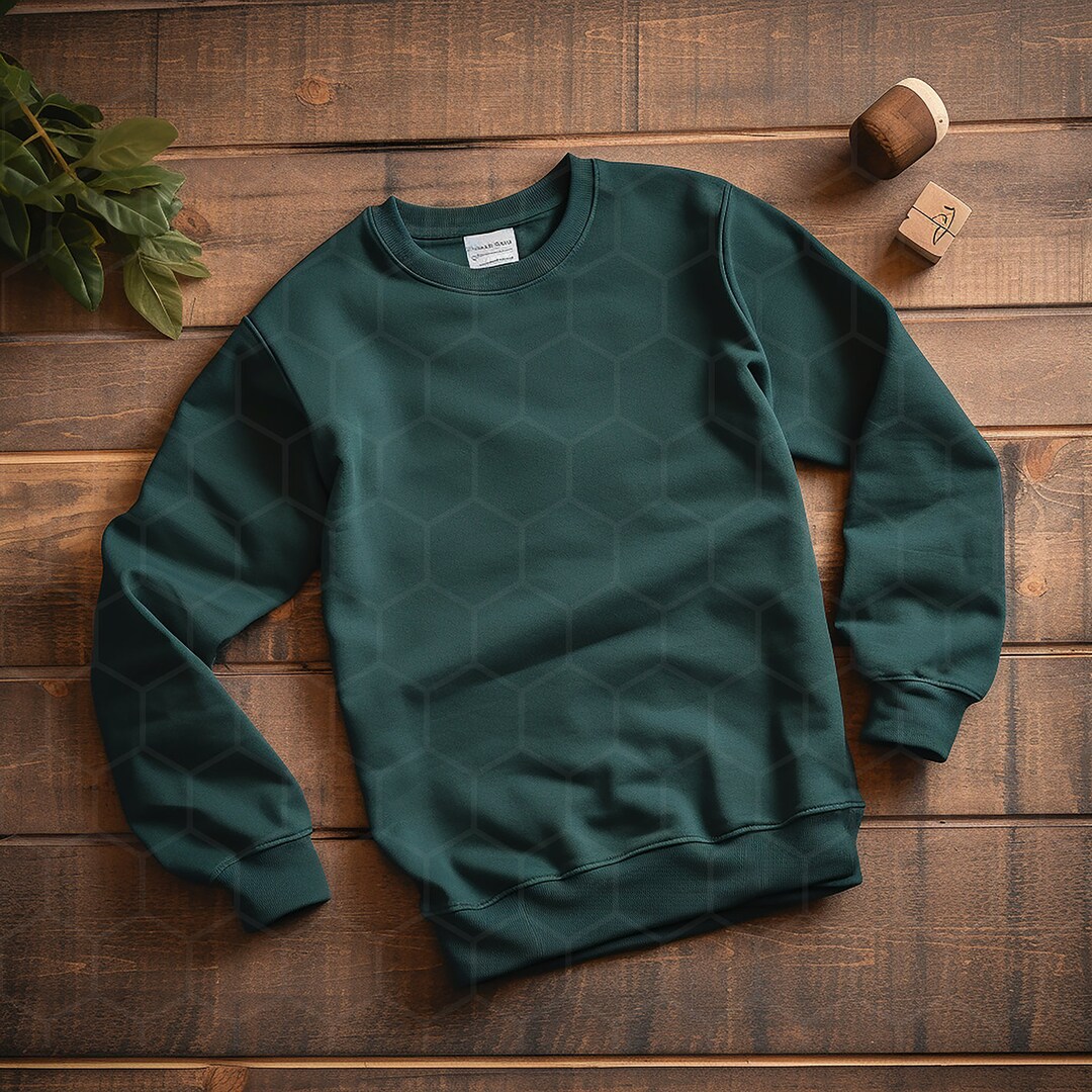 18000 Mockup Photo 18000G Forest Green Crewneck Sweatshirt Mockup Lay ...