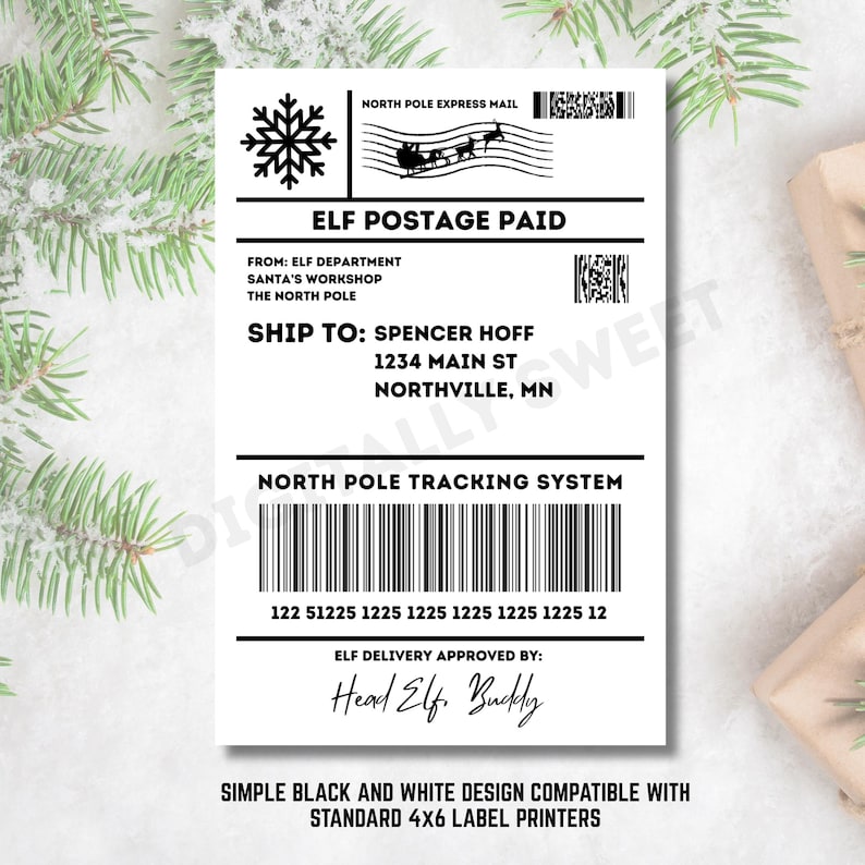 Black and White Elf Shipping Label Printable 4x6 Arrival Package Kit ...