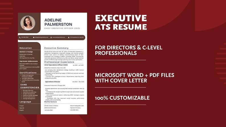 Executive ATS Resume Template | Director, C-level CV (word, Google Docs ...