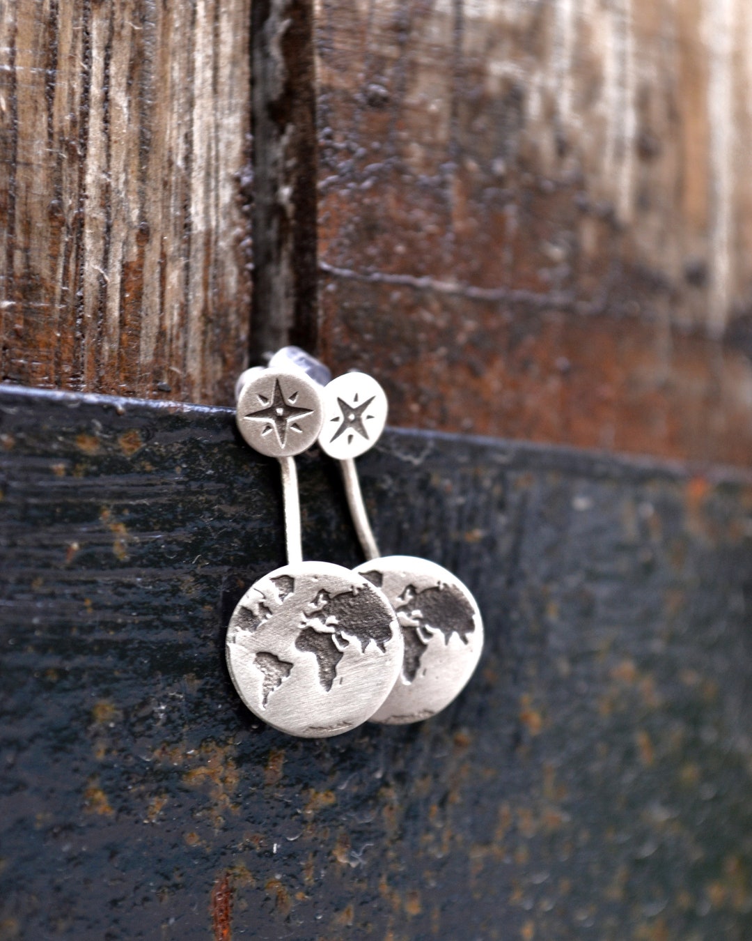 Modern Handmade Silver Ear Jackets, Unique World Map Earrings, Gift ...