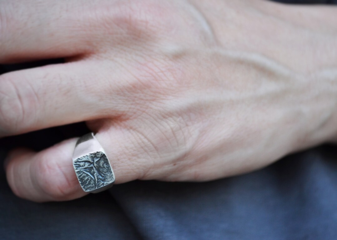 Sterling Silver Ring for Men, Raw Textured Signet, Handmade Brutalist ...