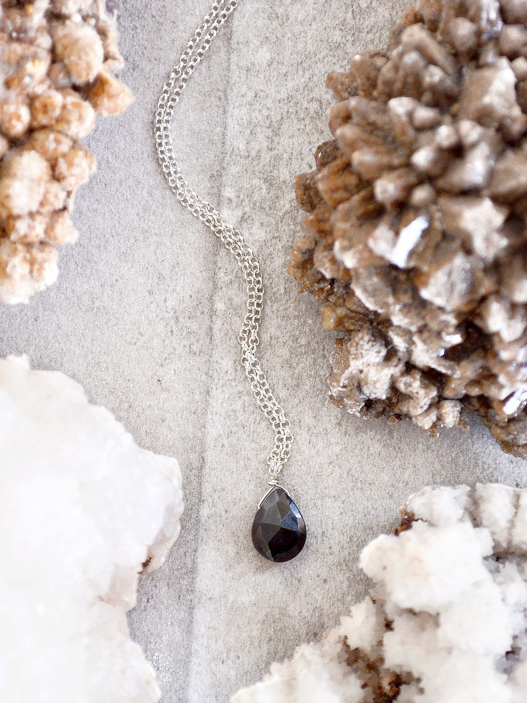 Black Spinel Teardrop Silver Raw Gemstone Necklace, Small Dainty ...