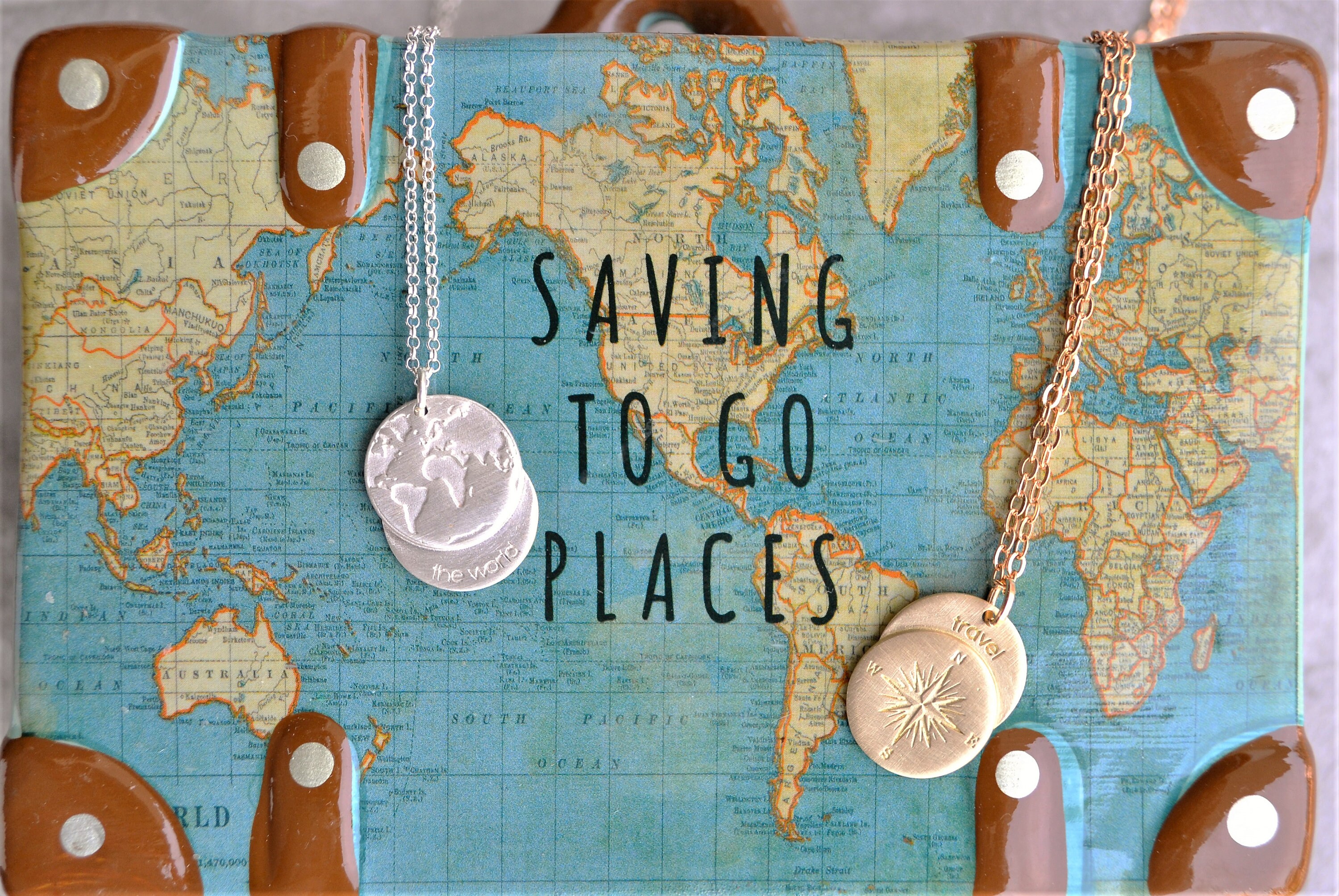 Handmade Compass Necklace - World Map Pendant, Gold Travel Jewelry ...