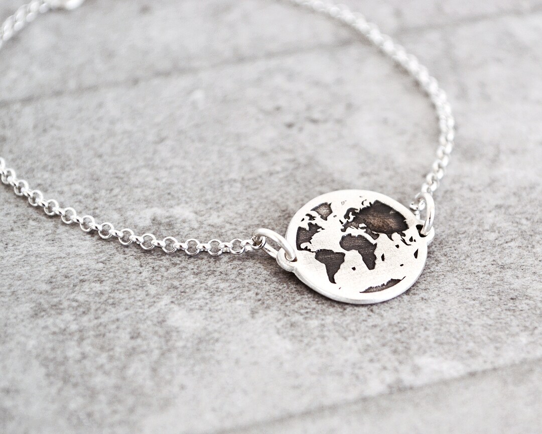 Handmade Silver Travel Chain Bracelet, Unique World Map Bracelet ...