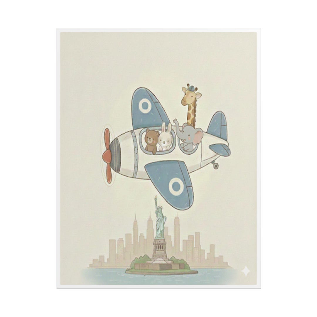 Cute Animal Plane Poster | Nursery Wall Art, Giraffe Bear Bunny Over ...