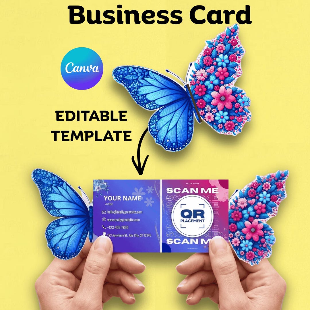 Butterfly Business Card Template Canva Editable | Foldable Die Cut QR ...