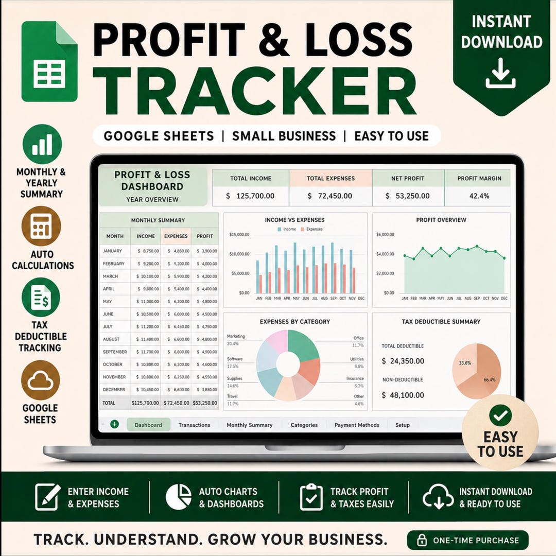 Profit and Loss Google Sheets | Income Expense Tracker, Tax Preparation ...