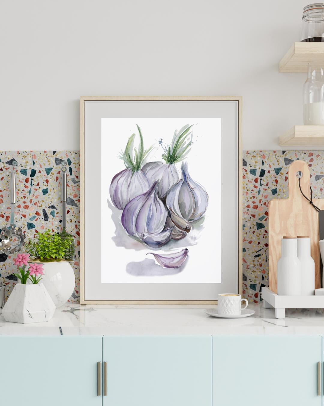 Watercolor Garlic Wall Art | Botanical Kitchen Print | Vegetable ...