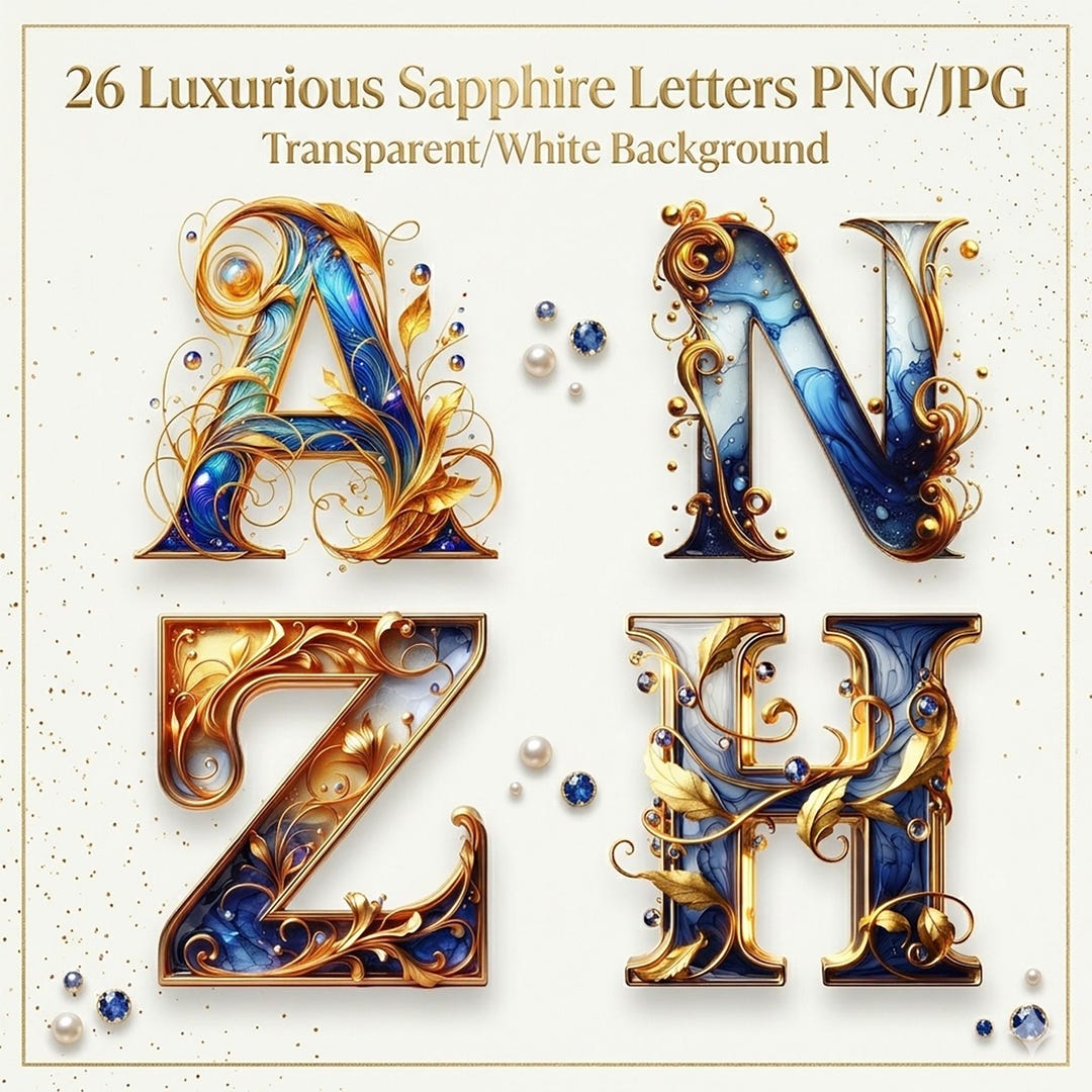 26 Luxury Sapphire & Gold Alphabet Clipart, Elegant Gold Inlay Monogram ...