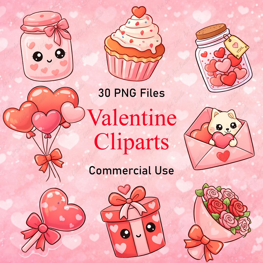 Kawaii Valentine Clipart Bundle | 30 PNG Graphics (commercial Use - Etsy