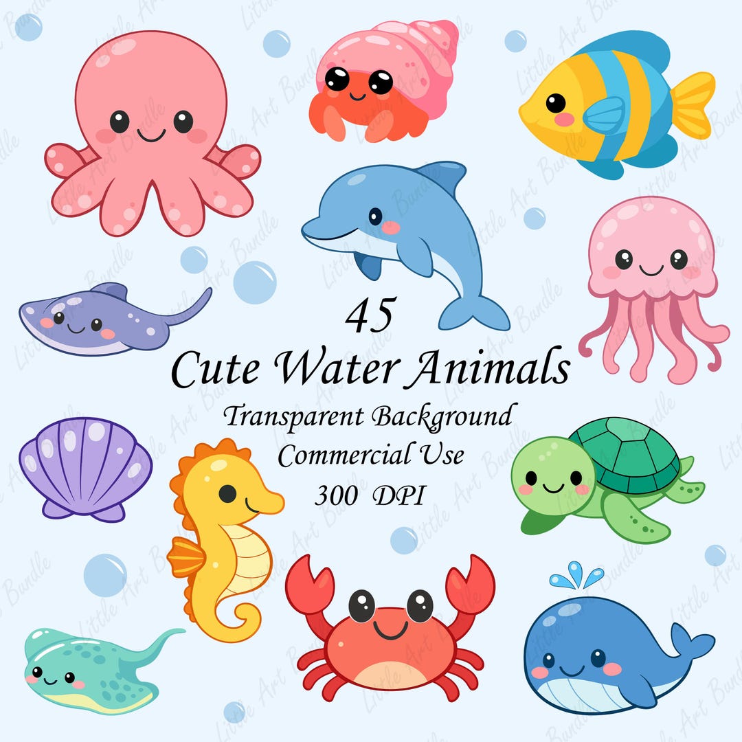 Cute Water Animals Clipart | Kawaii Sea Animals PNG | Ocean Animal ...