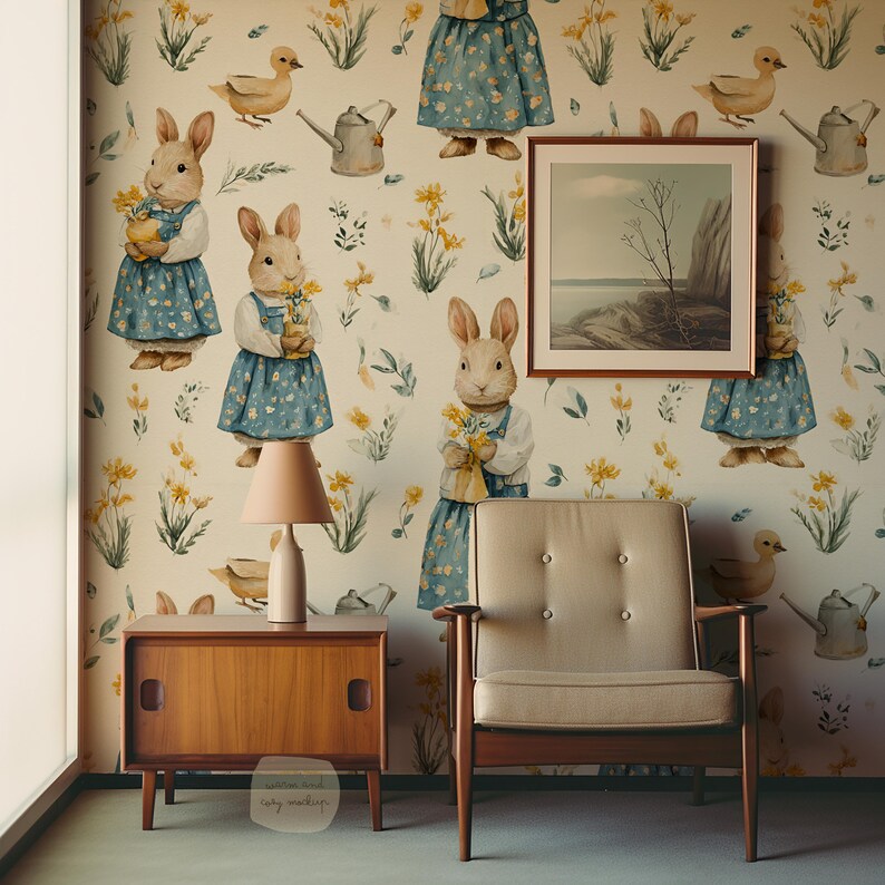 Seamless Storybook Bunny Pattern With Flowers and Ducklings – Cute ...