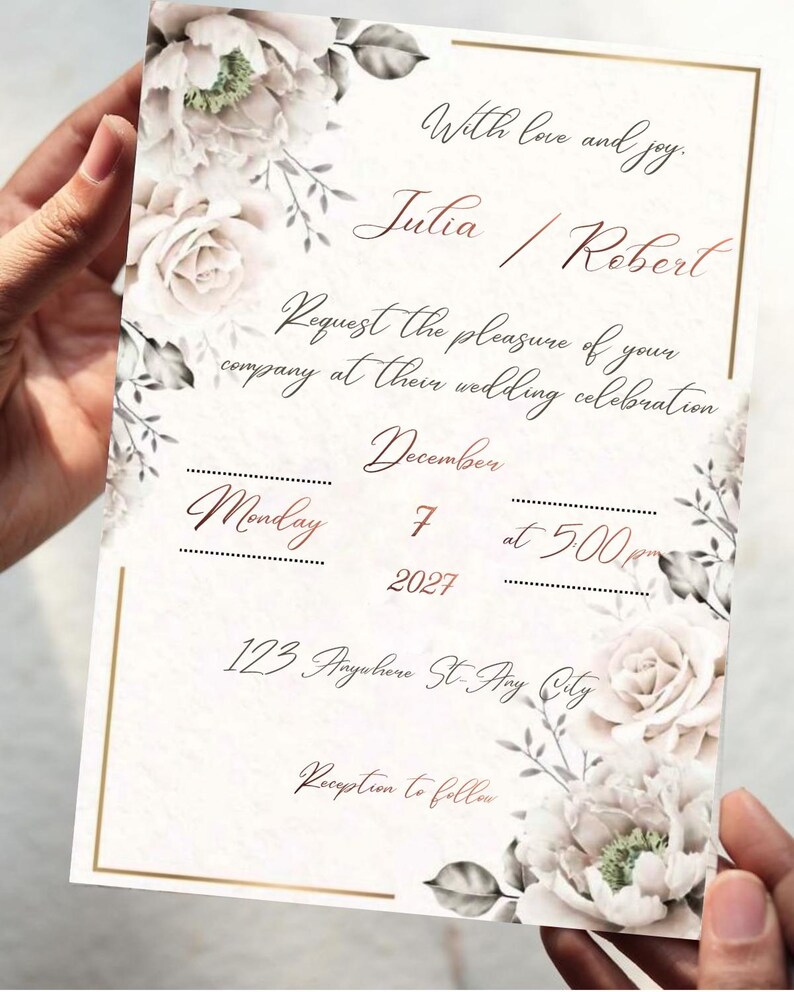 Elegant Floral Wedding Invitation Template, Neutral Canva Invite (5x7 ...
