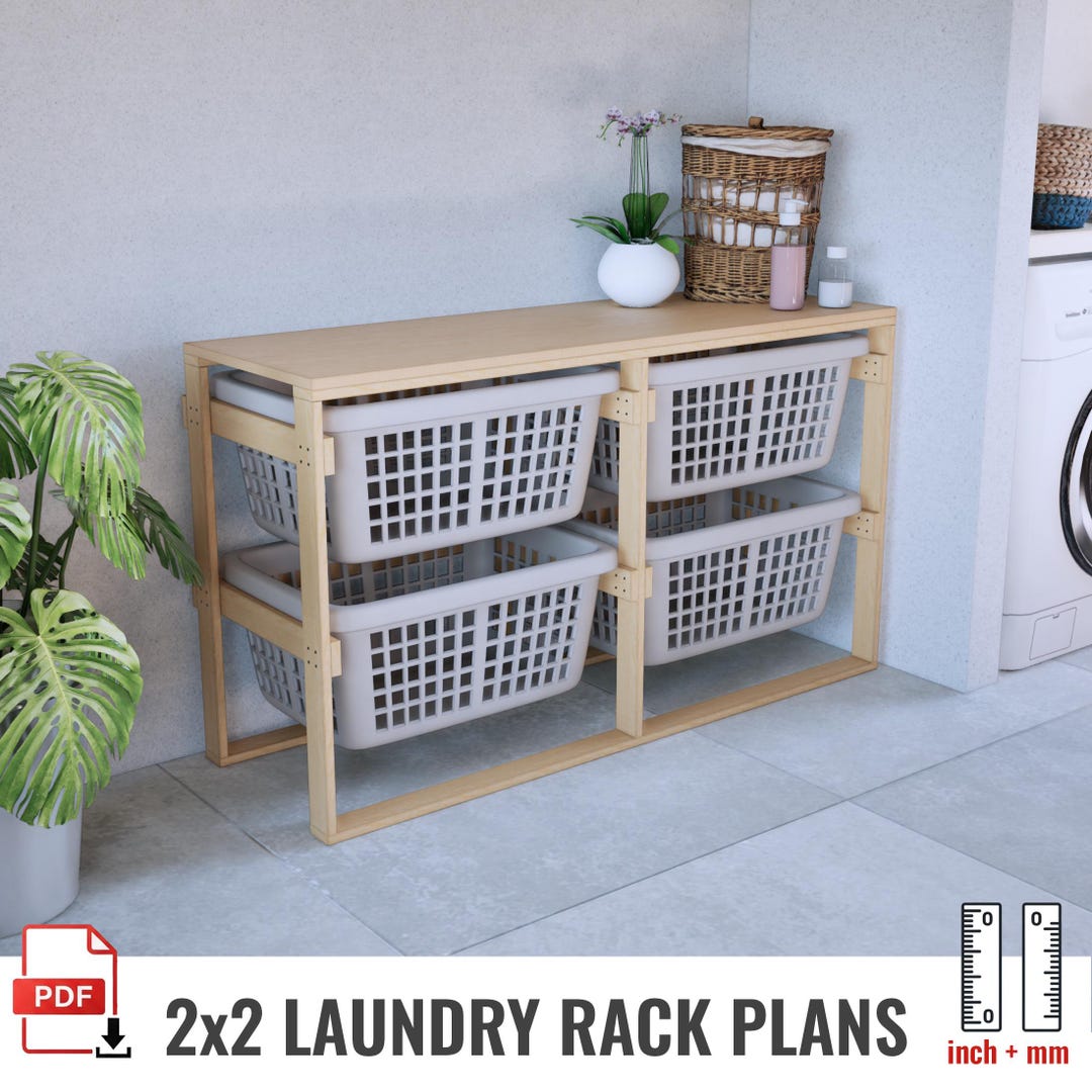DIY 2x2 Laundry Basket Rack Plans Compact Stand Holds 4 Baskets Space ...