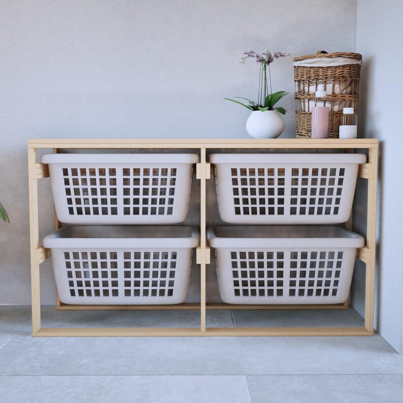 DIY 2x2 Laundry Basket Rack Plans Compact Stand Holds 4 Baskets Space ...