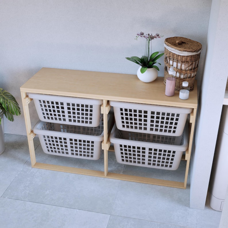 DIY 2x2 Laundry Basket Rack Plans Compact Stand Holds 4 Baskets Space ...