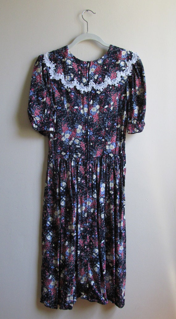 80s Floral Puff Sleeve Midi Dress S 34 Bust 27 Waist - Gem