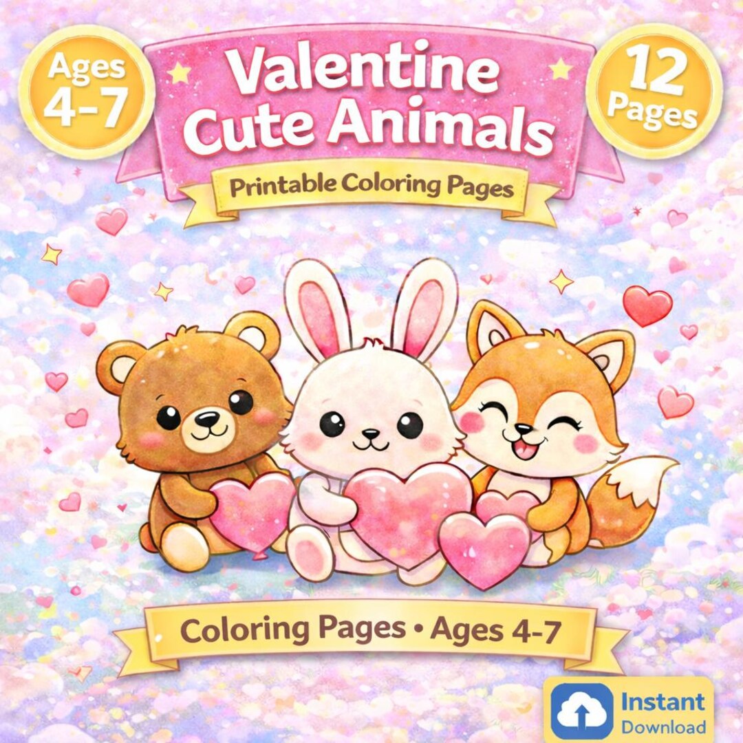Valentine Animal Coloring Pages for Kids | Ages 4-7 (printable PDF) - Etsy
