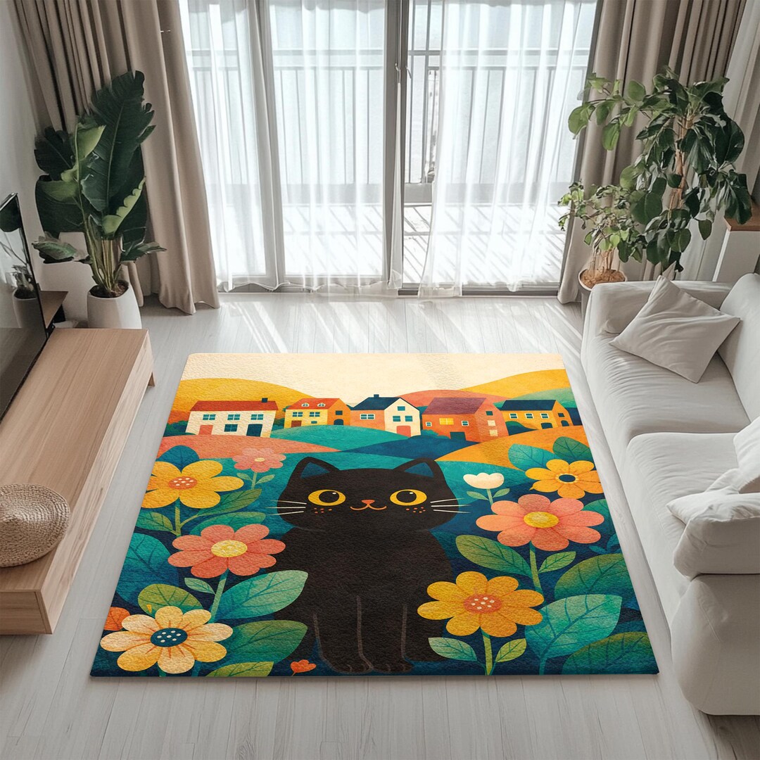 Folk Art Black Cat Rug, Whimsical Floral Village, Scandinavian Decor - Etsy