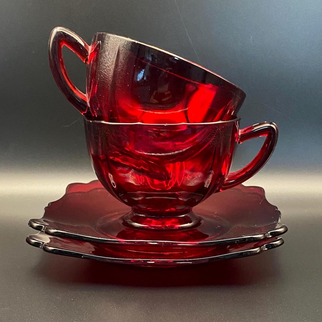 Ruby Red Glass Matching Set of Cups and Saucers - Etsy
