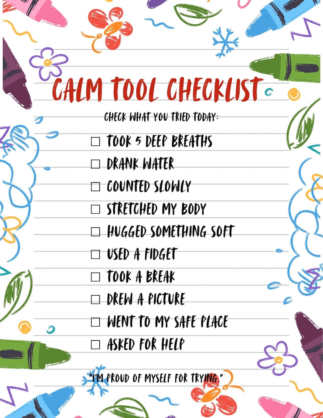 Calm Tool Checklist Printable | Kids Coping Skills, Emotional ...
