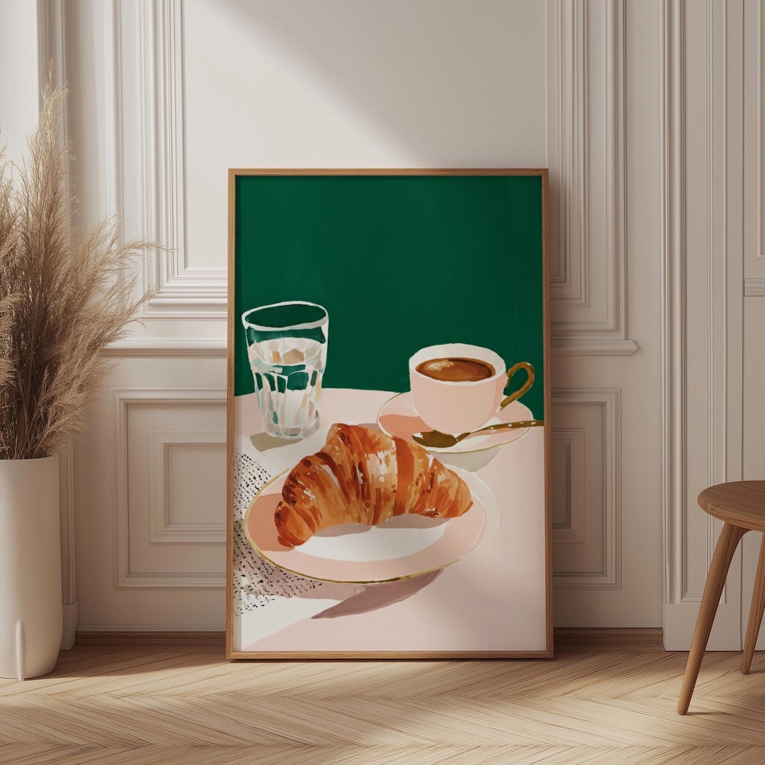 French Breakfast Print, Parisian Cafe Wall Art, Emerald Green and Pink ...
