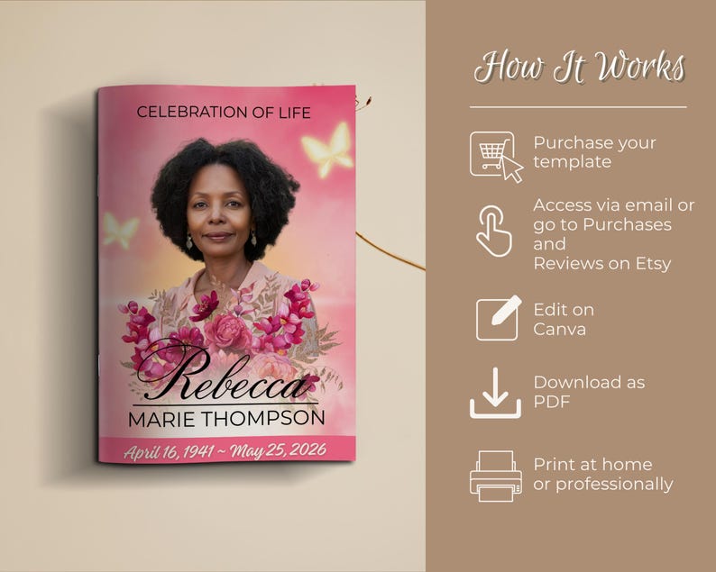 Elegant Funeral Program Template, Digital Download for Obituary Program ...