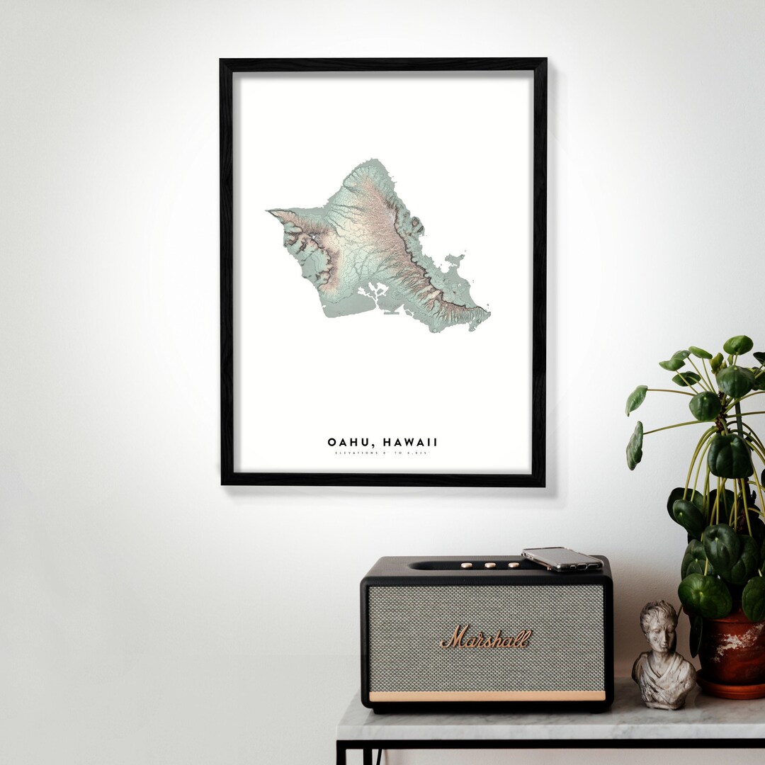 Oahu Hawaii Wall Art Relief Map Print, Modern Topographic Elevation Map ...