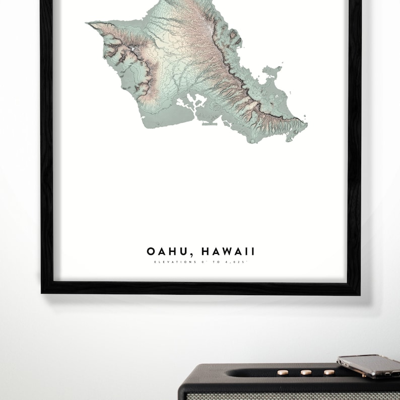 Oahu Hawaii Wall Art Relief Map Print, Modern Topographic Elevation Map ...