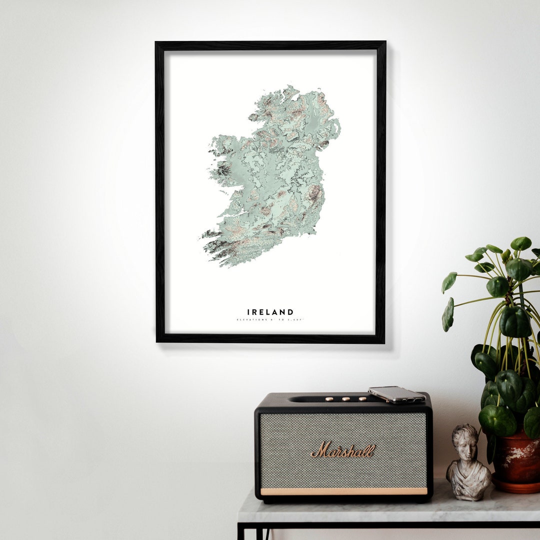 Ireland Wall Art Relief Map Print, Modern Topographic Elevation Map of ...