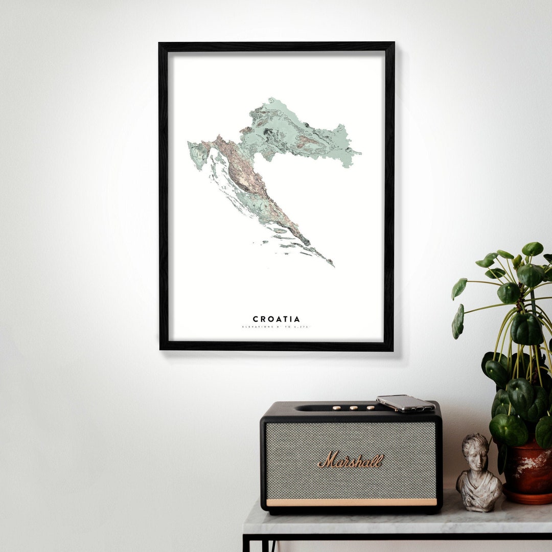 Croatia Wall Art Relief Map Print, Modern Topographic Elevation Map of ...