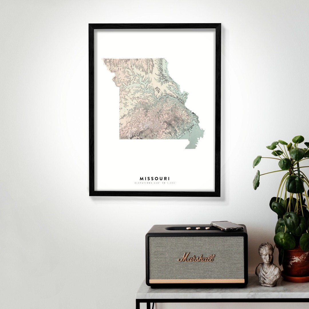 Missouri Wall Art Relief Map Print, Modern Topographic Elevation Map of ...