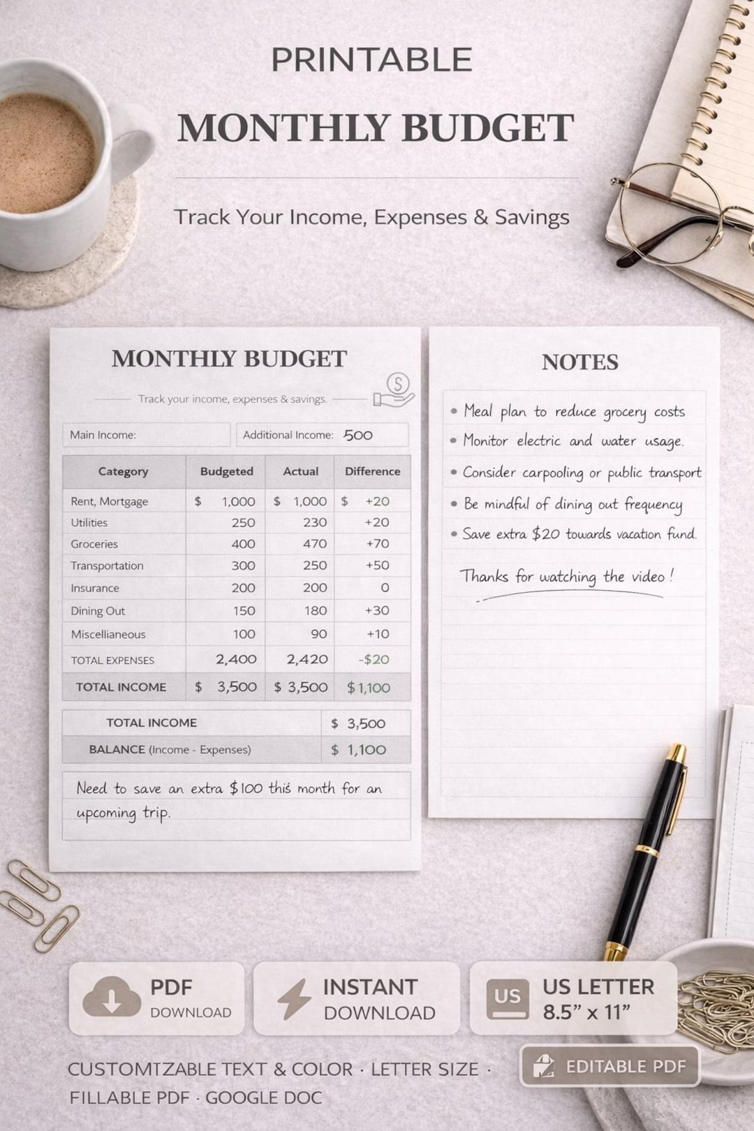 Simple Monthly Budget Printable With Notes | Expenses Tracker ...