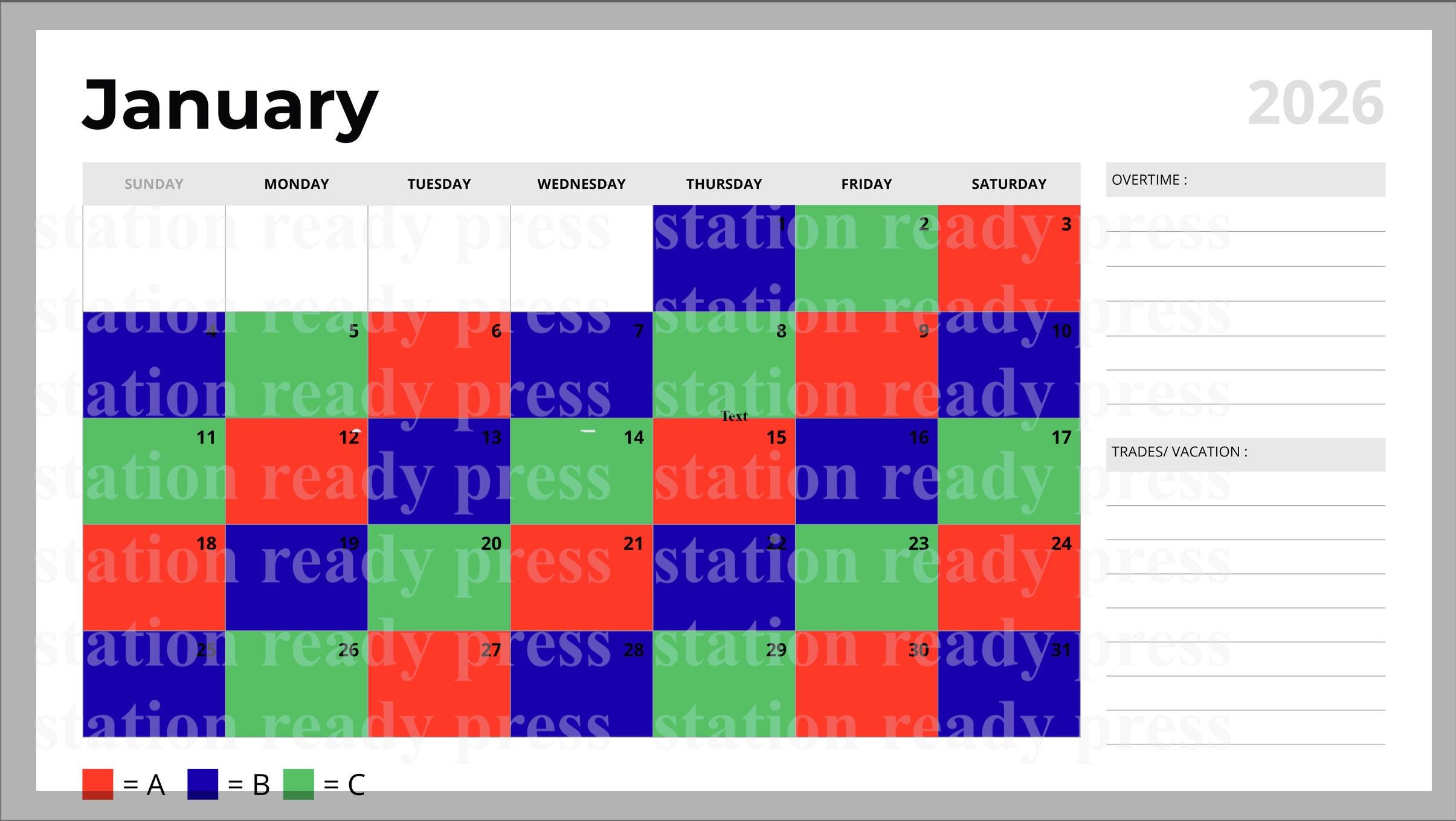 Firefighter Shift Calendar 2026 – 24/48 Rotation | ABC Color Coded ...