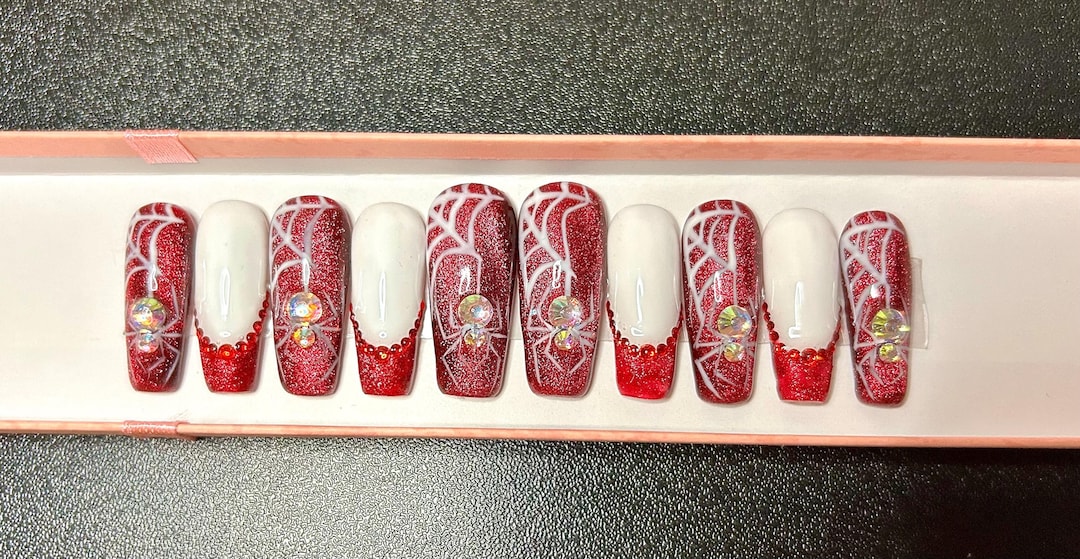 Red Cat Eye Nails, Rhinestone Spider Nails - Etsy