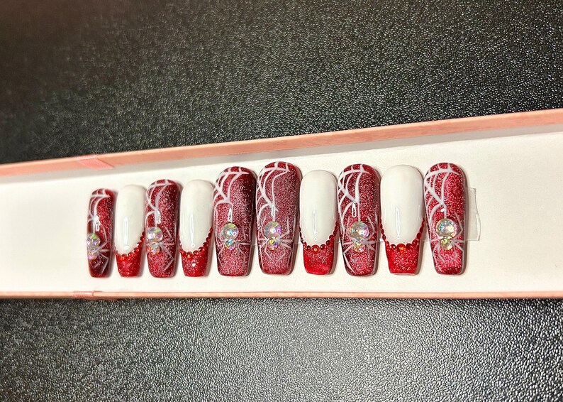 Red Cat Eye Nails, Rhinestone Spider Nails - Etsy