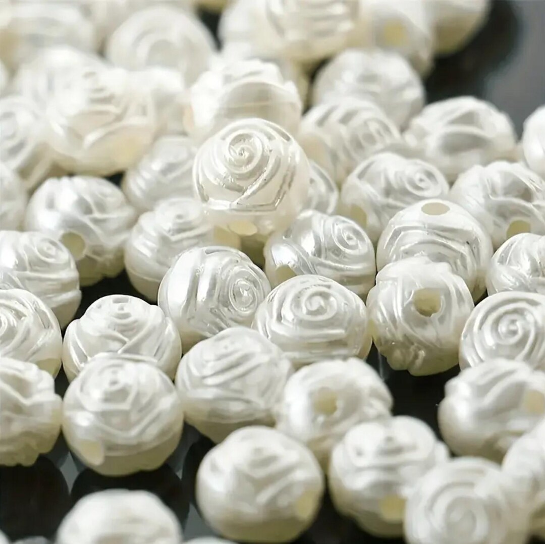 Creamy Ivory Rose Bud Flower Beads, Pearlescent Acrylic Carved Round ...