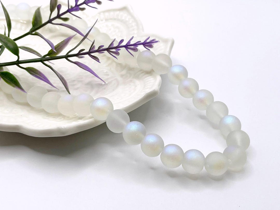 Mystic Aura Frosted Matte White Round Glass Beads, Iridescent ...