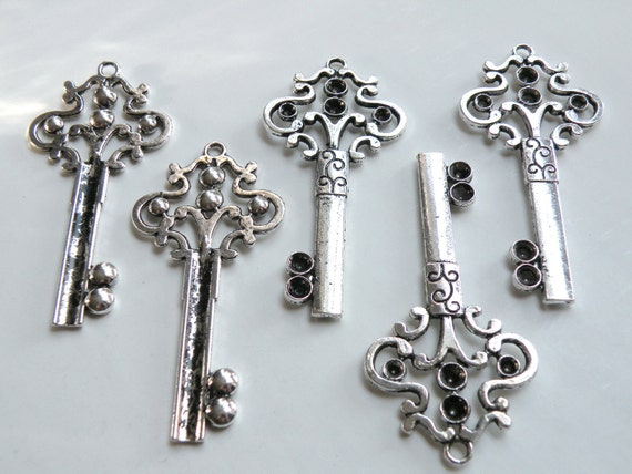 5 Fancy skeleton key extra large charms antique silver 76x36mm | Etsy