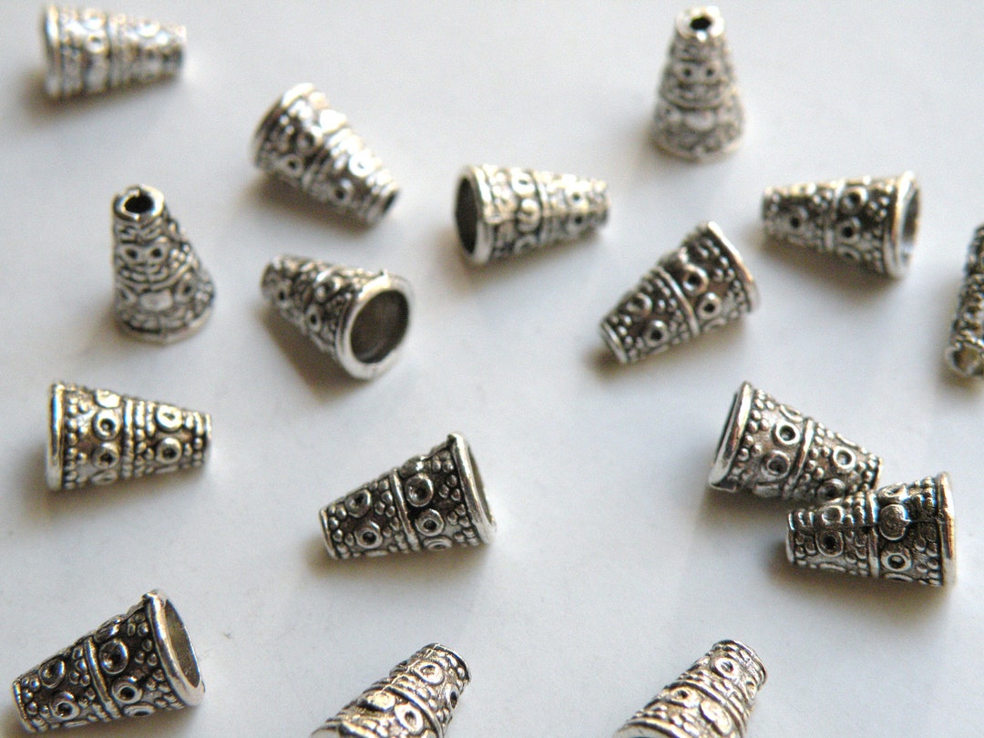 10 Fancy Cone End Beads With Circle and Dot Design Antique Silver ...