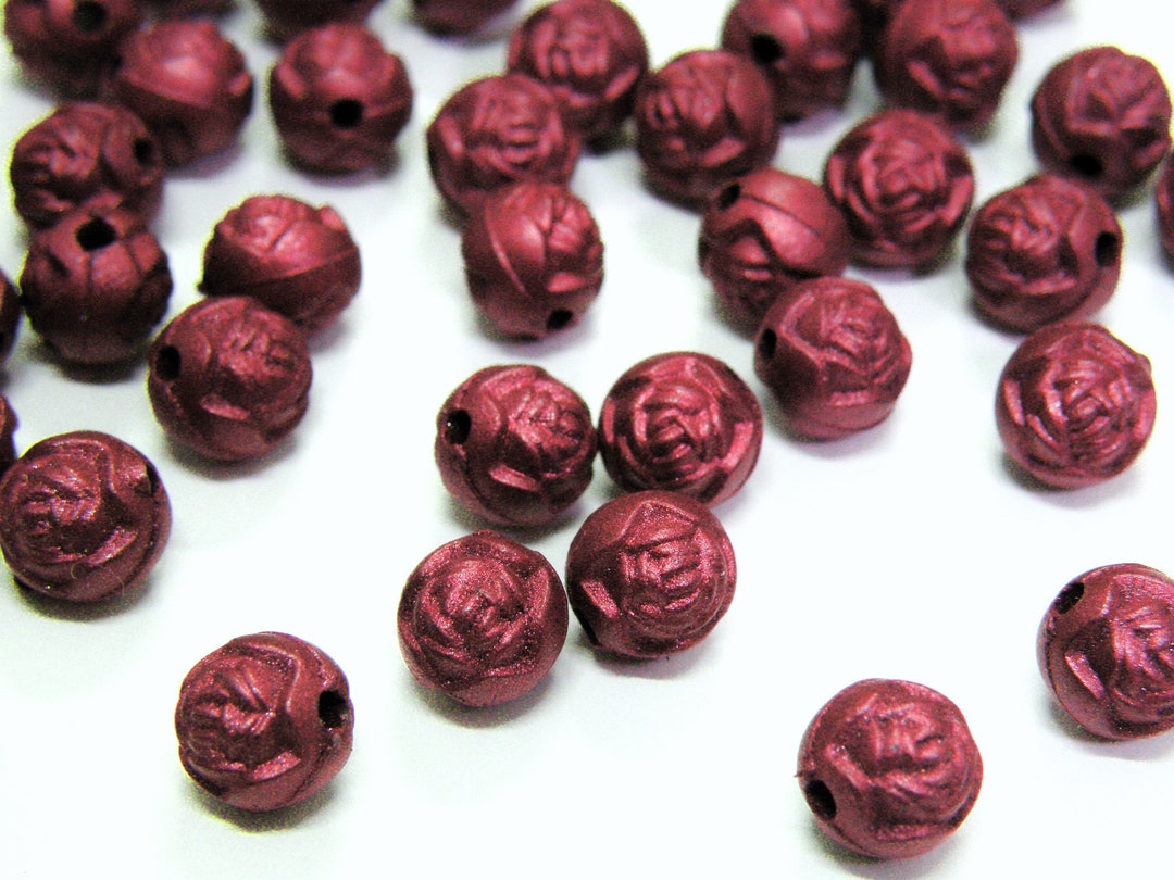 Garnet Red Rose Bud Flower Beads Acrylic Dark Red Matte Metallic Carved ...