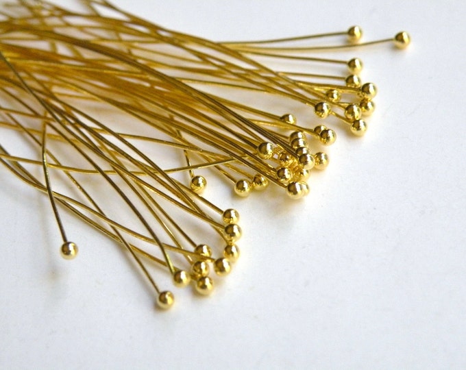 100 Shiny Gold Ball Head Pins 2 Inch or 5cm Long 24 Gauge Nickel Safe ...