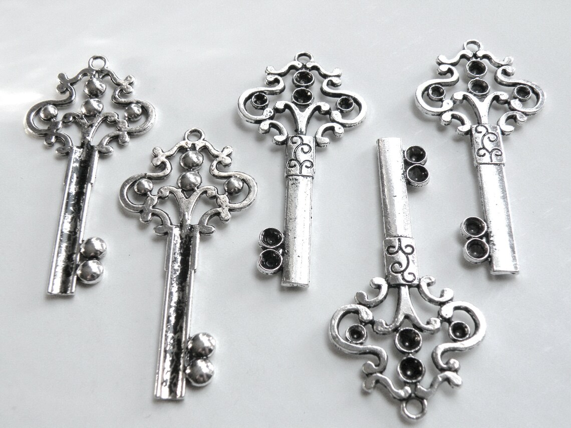 5 Fancy Skeleton Key Extra Large Charms Antique Silver 76x36mm FCA12693 ...