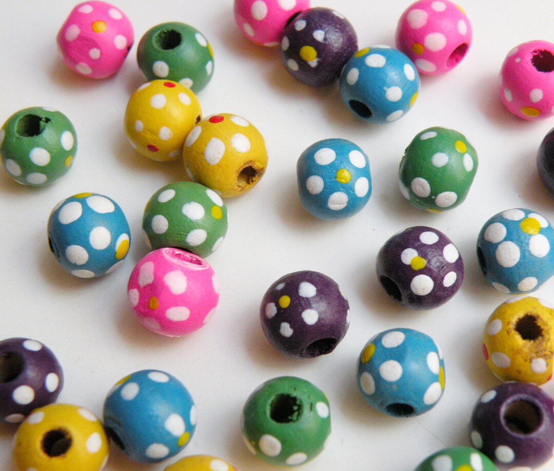 50 Bright Colorful Flowers Round Wood Beads Floral Multicolored Mixed ...
