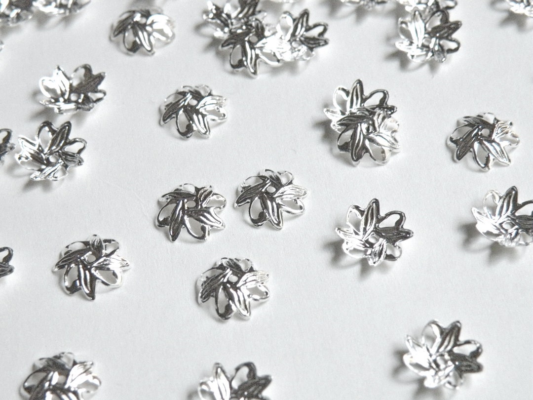 50 Floral Leaves Bead Caps Shiny Silver Plated Nickel Free Brass 10mm ...